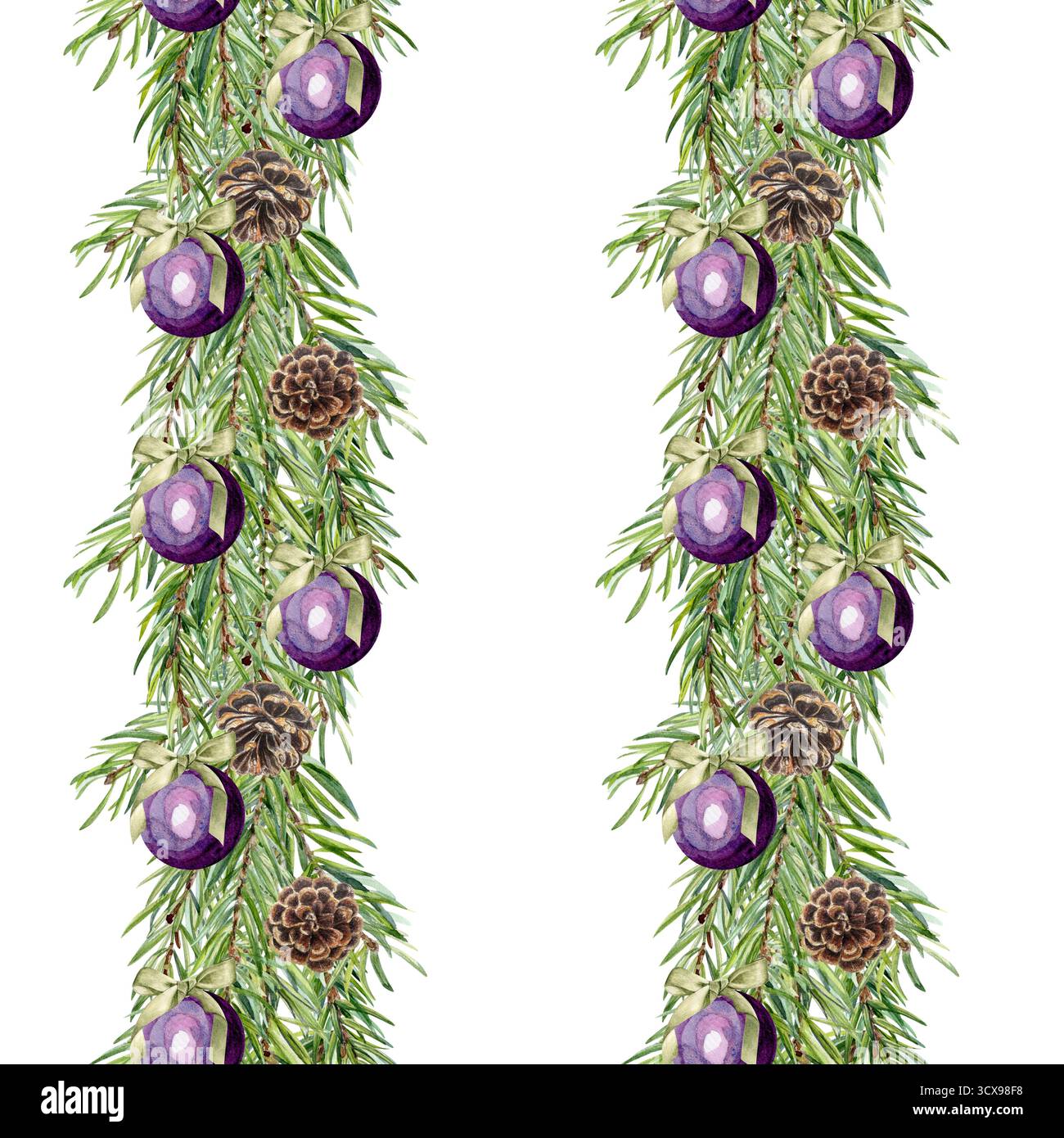 Pine branches garlands of with purple ornaments, cones, and ribbons ...