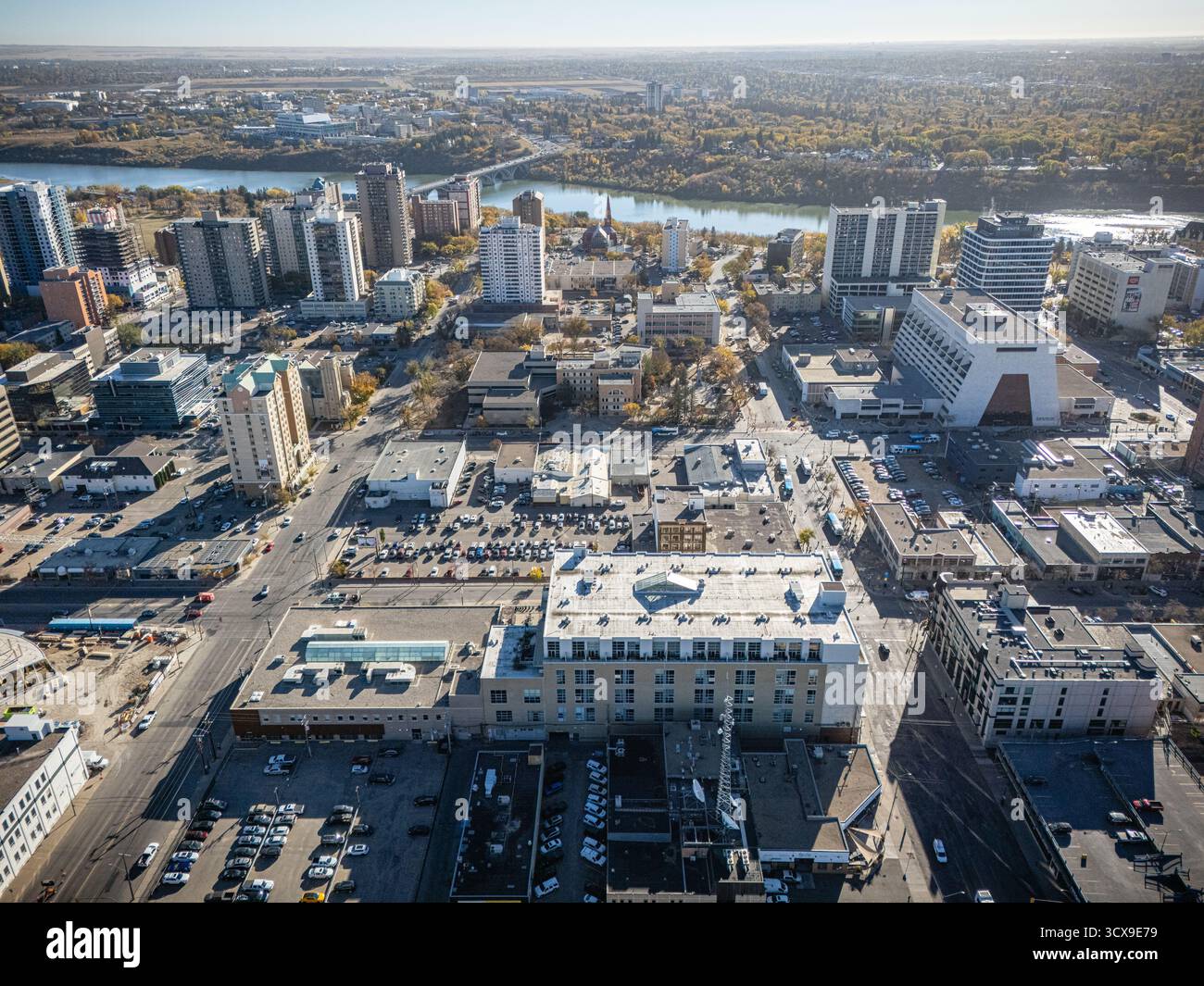 Aerial view of downtown Saskatoon, Saskatchewan, with fall colors along ...
