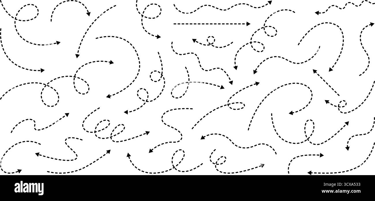 Lines of dashes with arrows. Curved paths with dots indicating ...