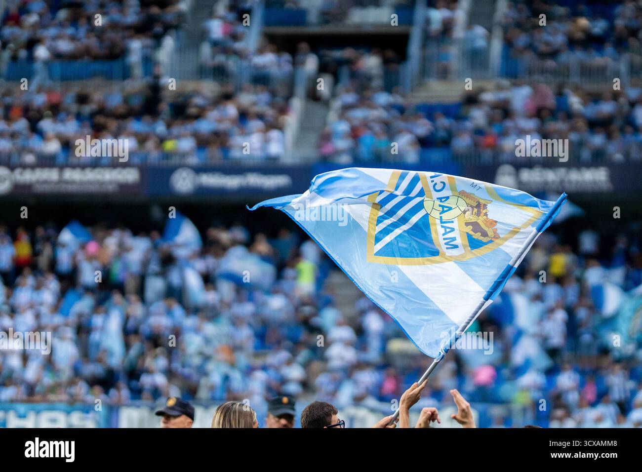 Malaga, Spain. 12th Oct, 2025. A Malaga CF flag seen during the LaLiga ...