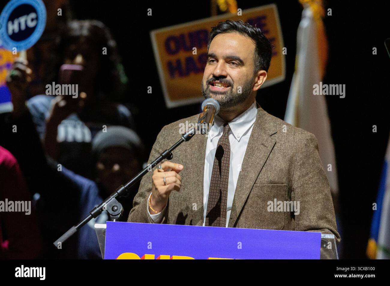 New York City Democratic mayoral candidate Zohran Mamdani speaks at a ...