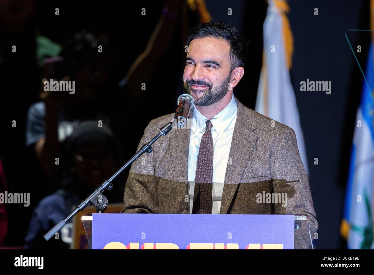 New York City Democratic mayoral candidate Zohran Mamdani speaks at a ...