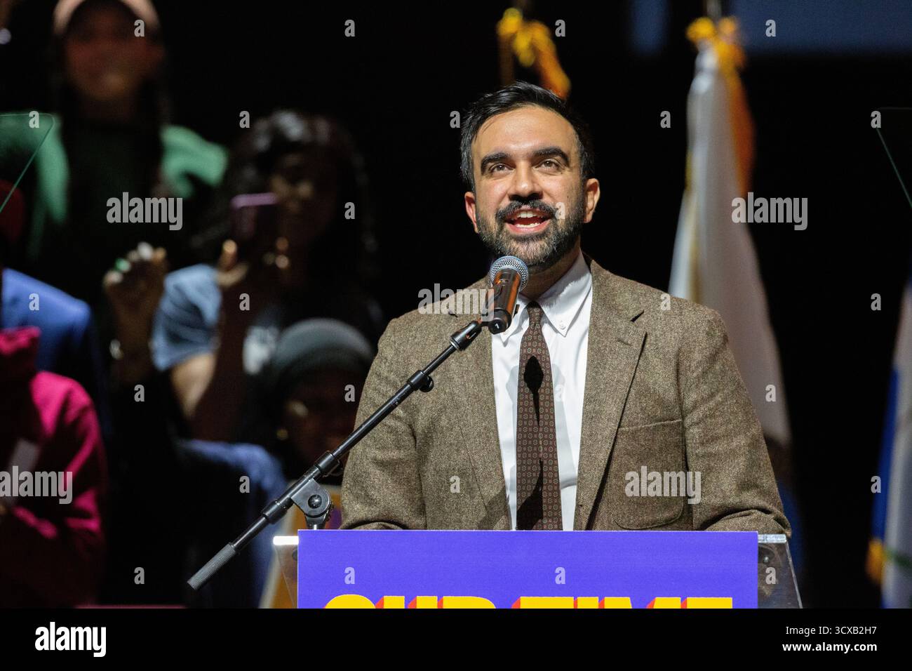 New York City Democratic mayoral candidate Zohran Mamdani speaks at a ...