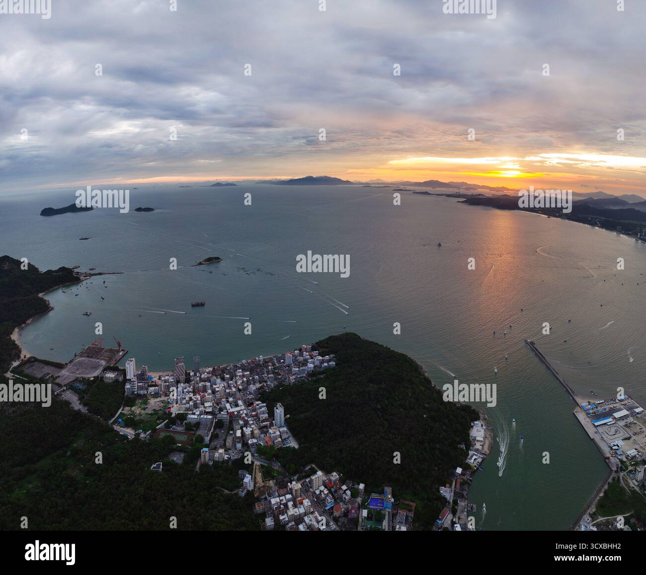 Aerial photography of sunset in Shuangyue Bay, Daxingshan, Gangkou Town ...