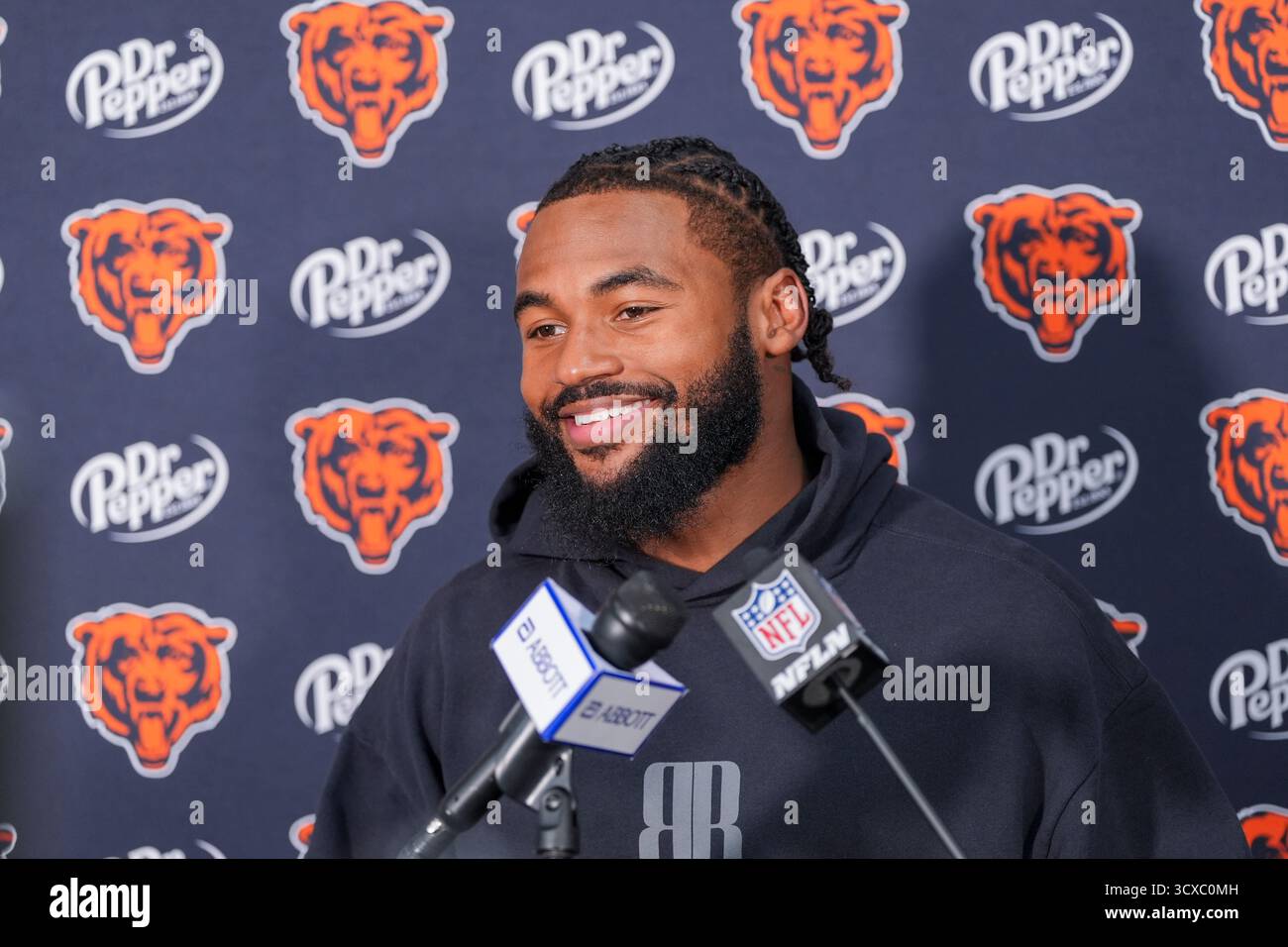 Chicago Bears running back D'Andre Swift speaks with reporters after an ...