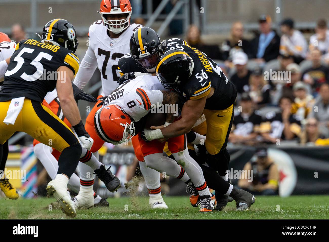 Cleveland Browns quarterback Dillon Gabriel (8) is tackled by ...
