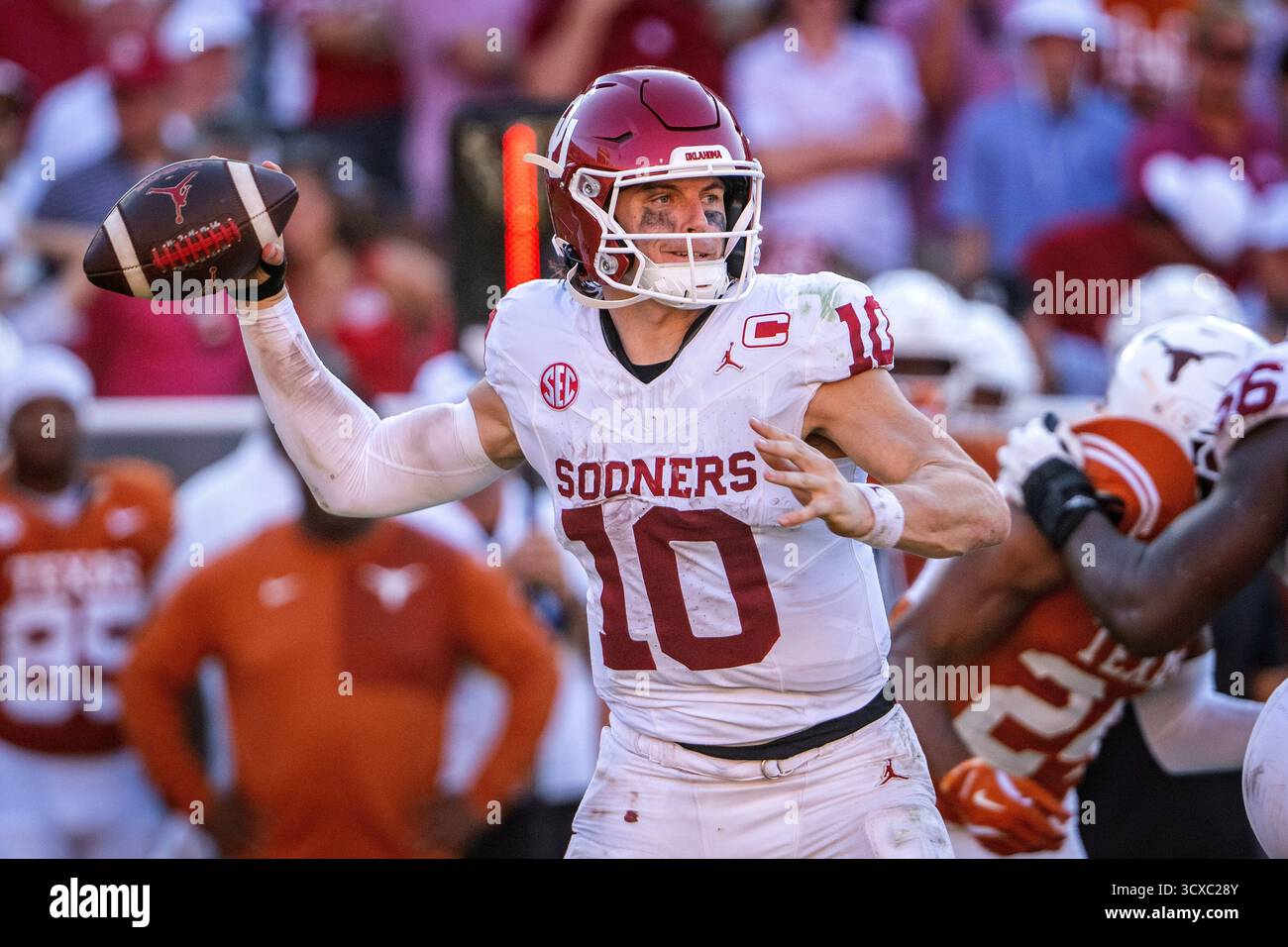 Oklahoma quarterback John Mateer throws a pass during the second half ...