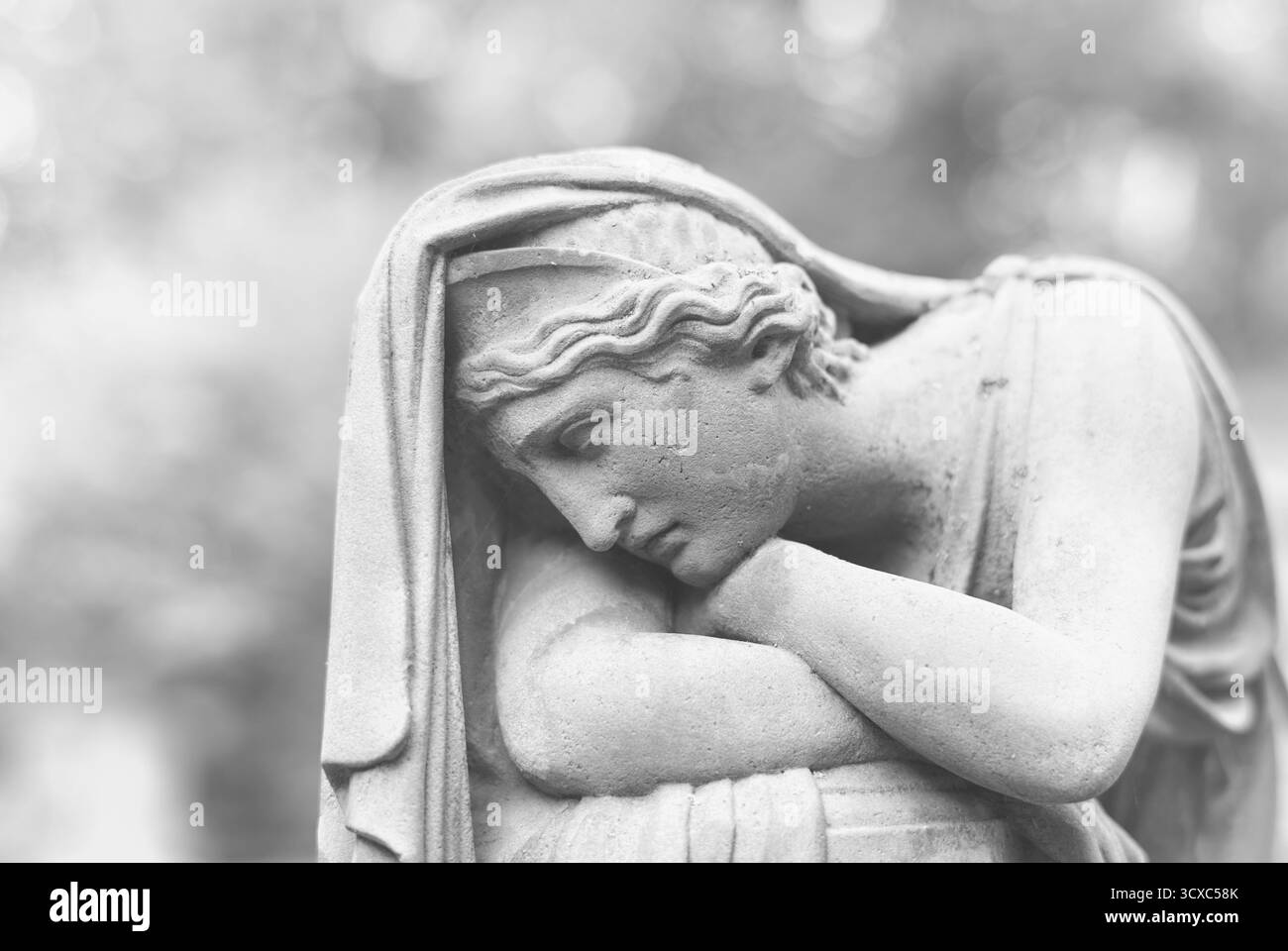 Mourning, woman on gravestone, statue, sad, graves, black and white ...