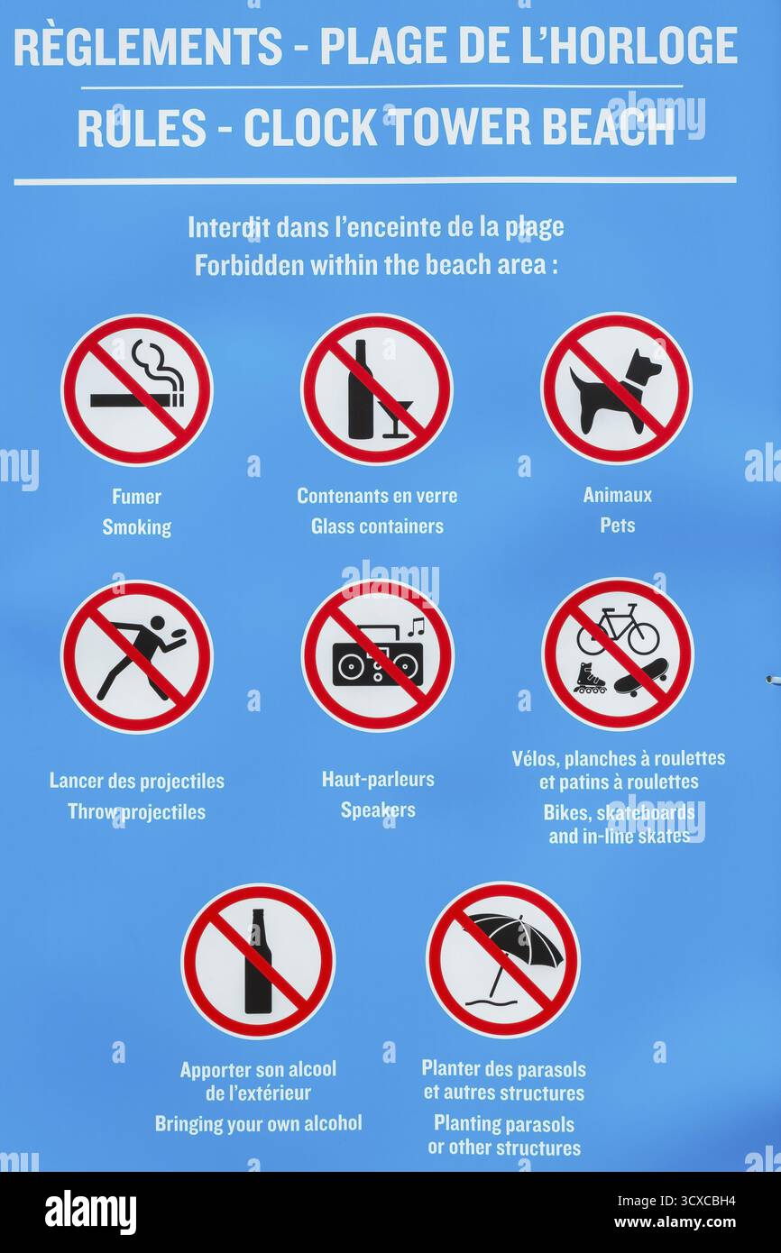 Posted rules sign with pictograms showing various restrictions at Clock ...