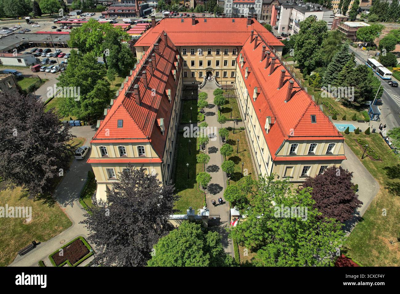 Aerial HDR photo of symmetrical historic building with red roofs in ...