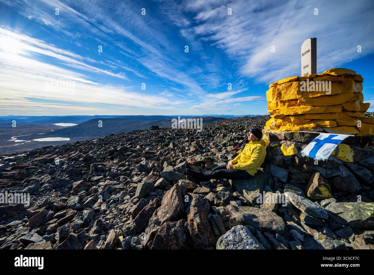 At the summit of Halti fell while autumn hiking in the Käsivarsi ...