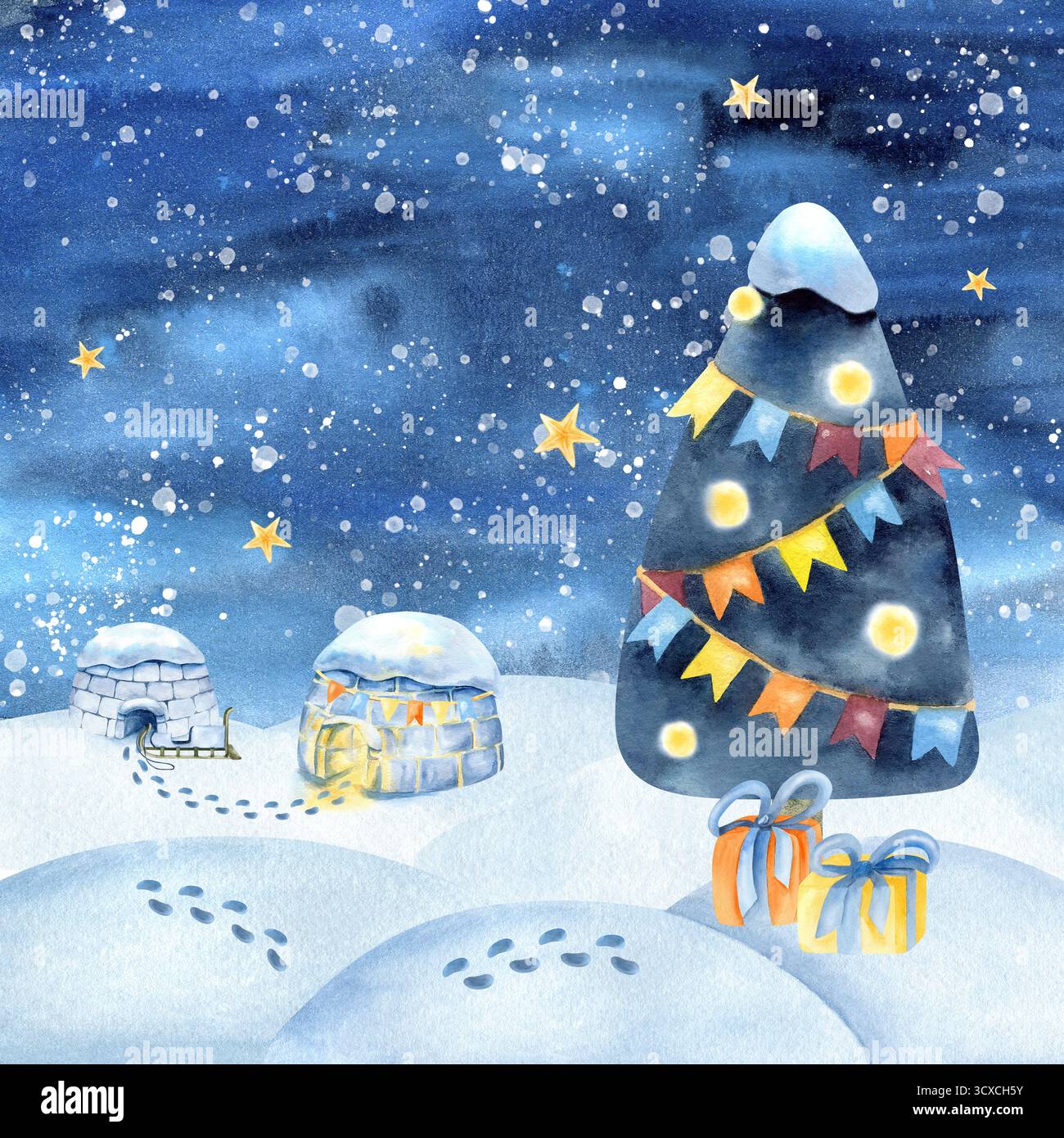 Christmas arctic night, igloo, snowy landscape, starry sky, decorated ...