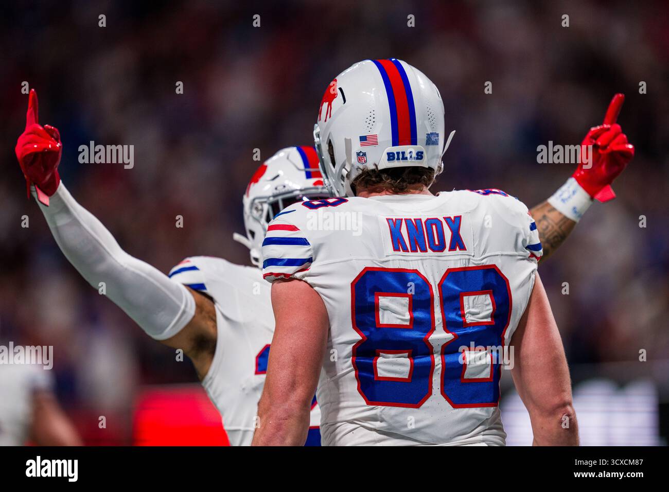 Buffalo Bills tight end Dawson Knox (88) celebrates with running back ...