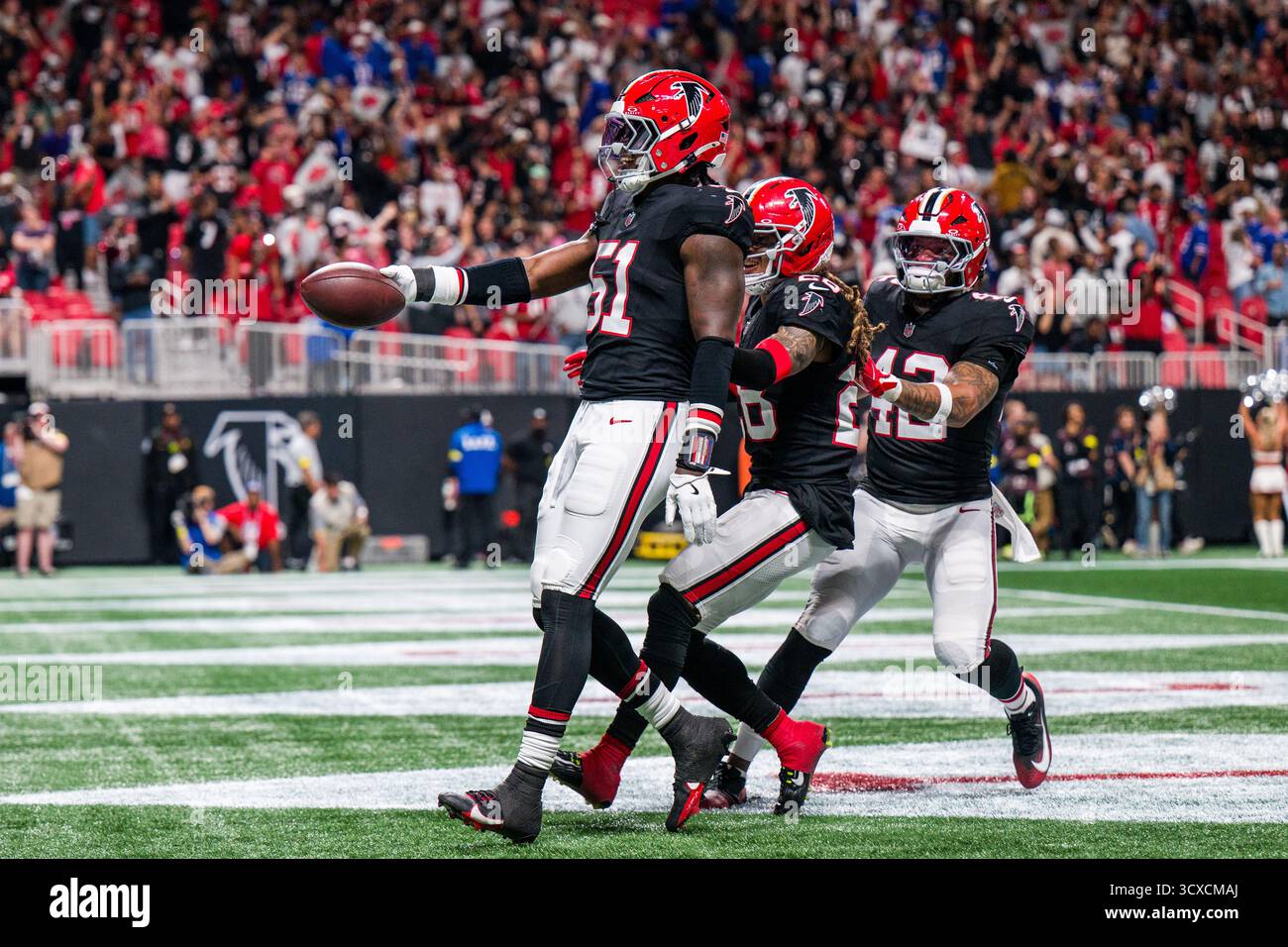 Atlanta Falcons linebacker Deangelo Malone (51) celebrates an ...