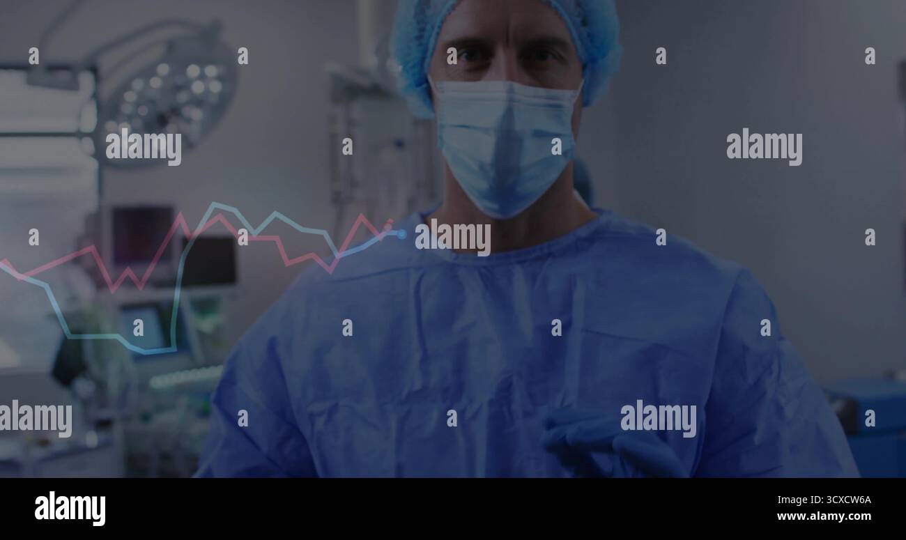 Viewing surgeon wearing blue scrubs mask scanning vital signs overlay ...