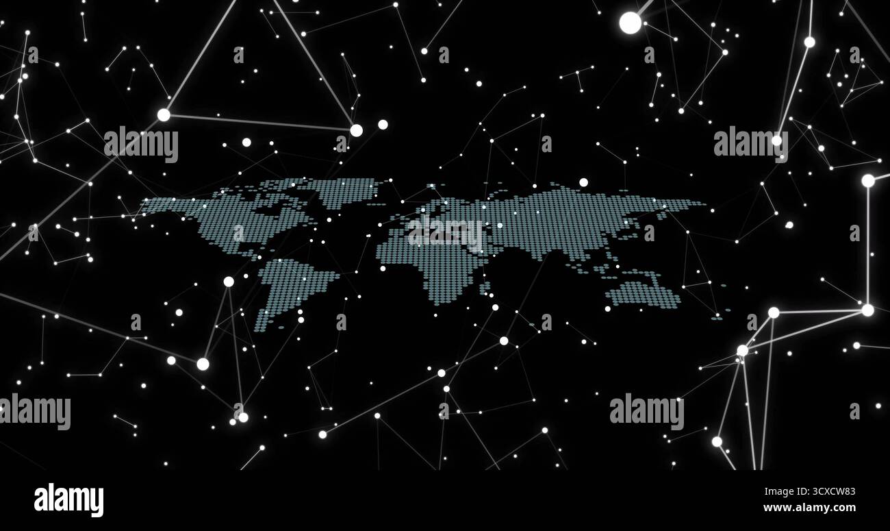 Displaying dotted cyan world map linking white glowing nodes and lines ...
