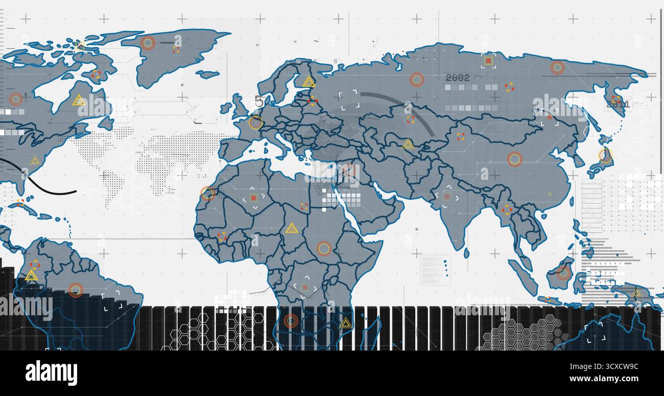 Displaying stylized world map at digital interface, with warning ...