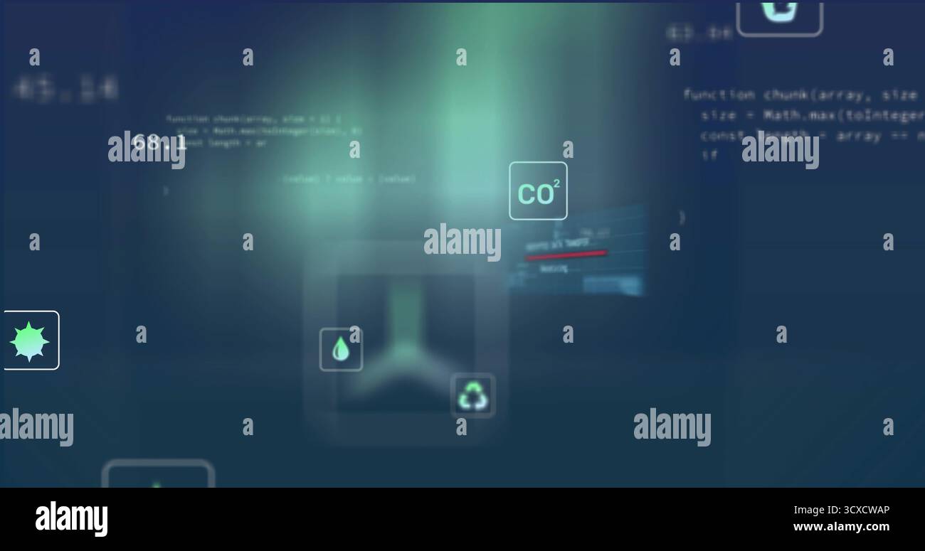 Showing floating CO?, droplet, recycling, starburst icons over UI, with ...