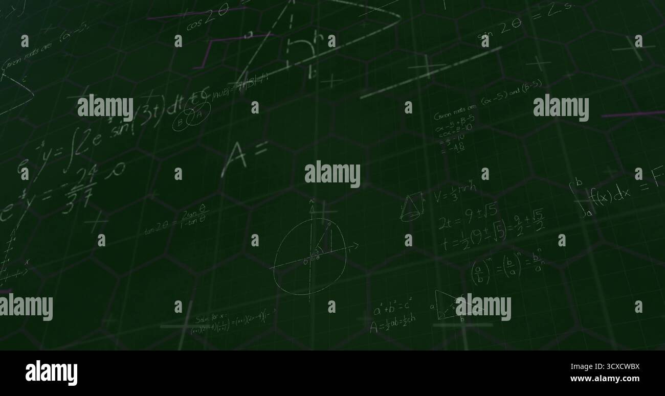 Displaying chalklike formulas and geometric diagrams on green hex grid ...