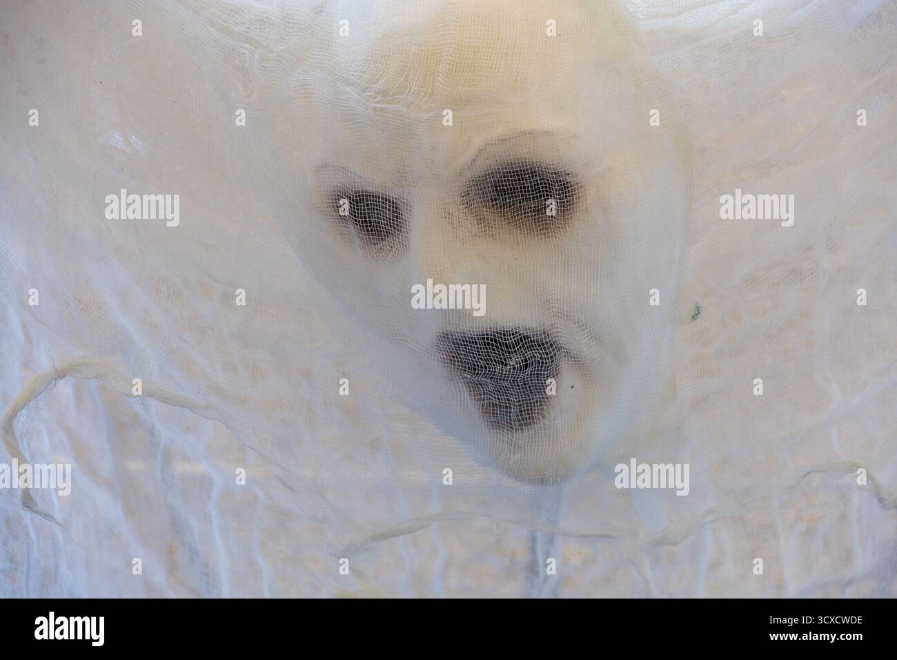 Spooky ghost face silhouette visible through translucent white fabric ...