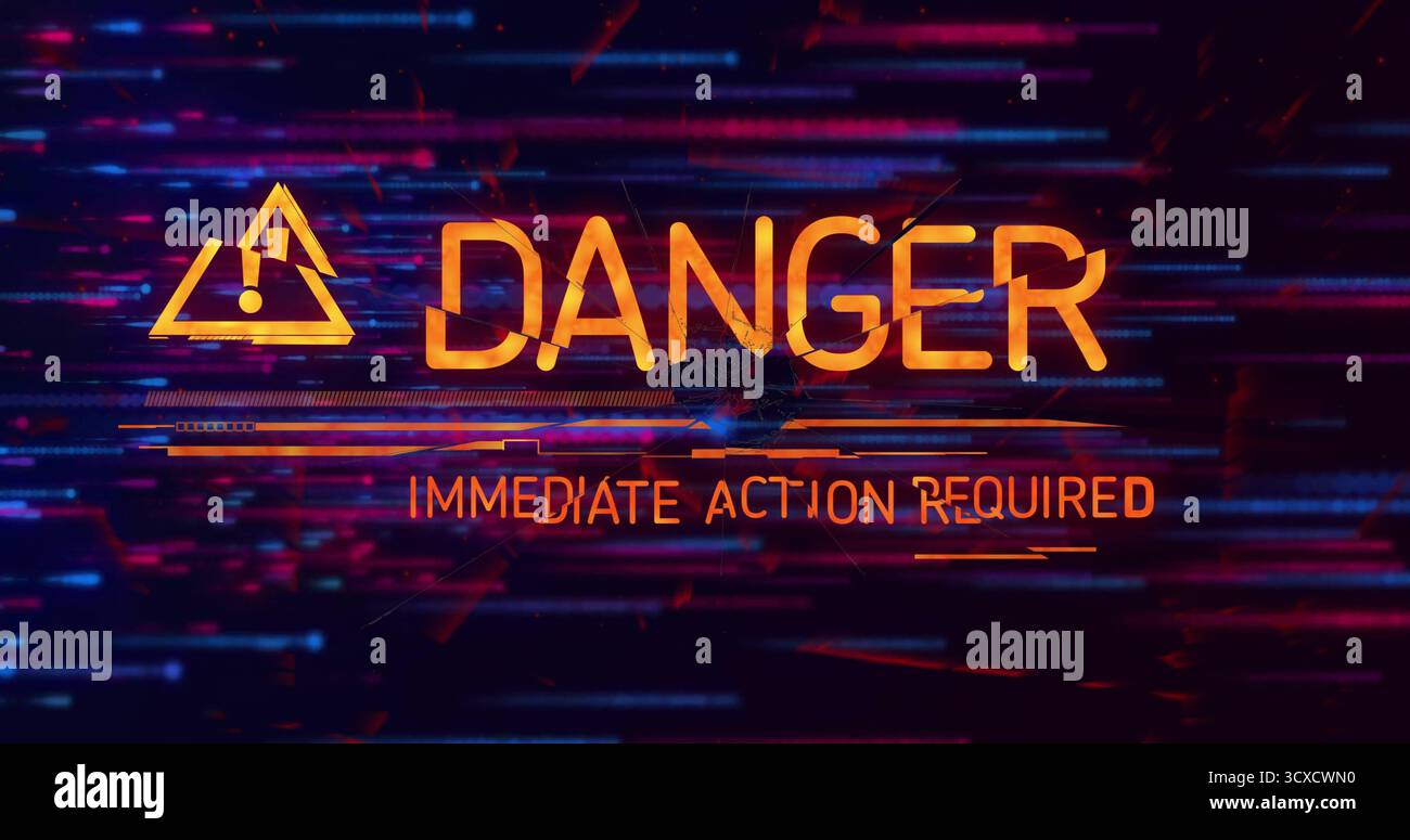 Displaying graphic on glitch screen, orange caution icon, neon DANGER ...