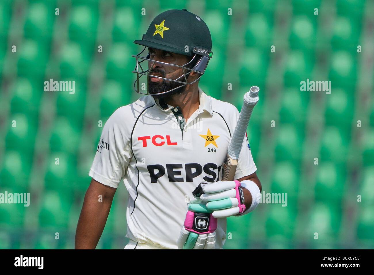 Pakistan's Abdullah Shafique walks off the field after his dismissal ...