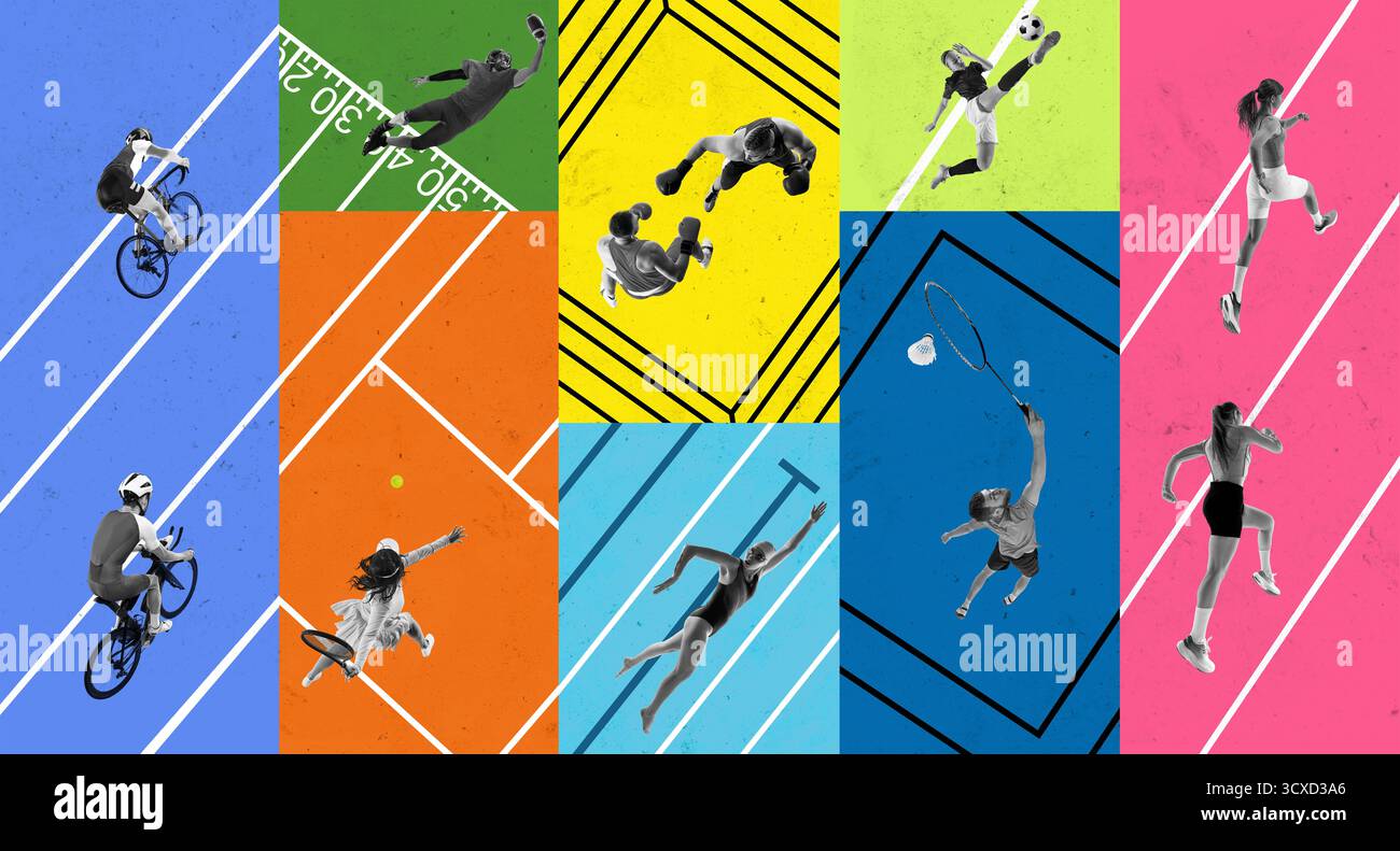 Creative geometric collage of 10 athletes performing multiple sports in ...