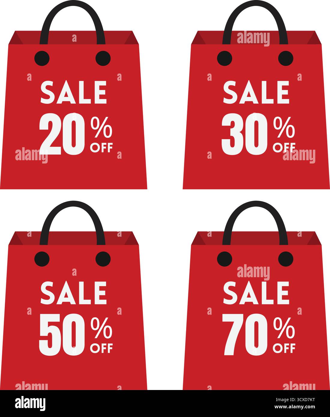Four red shopping bags are displayed, each featuring black handles and ...