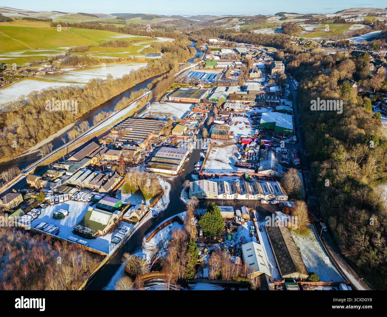 Aerial view in Winter of Ettrick riverside Industrial Estate, Selkirk ...