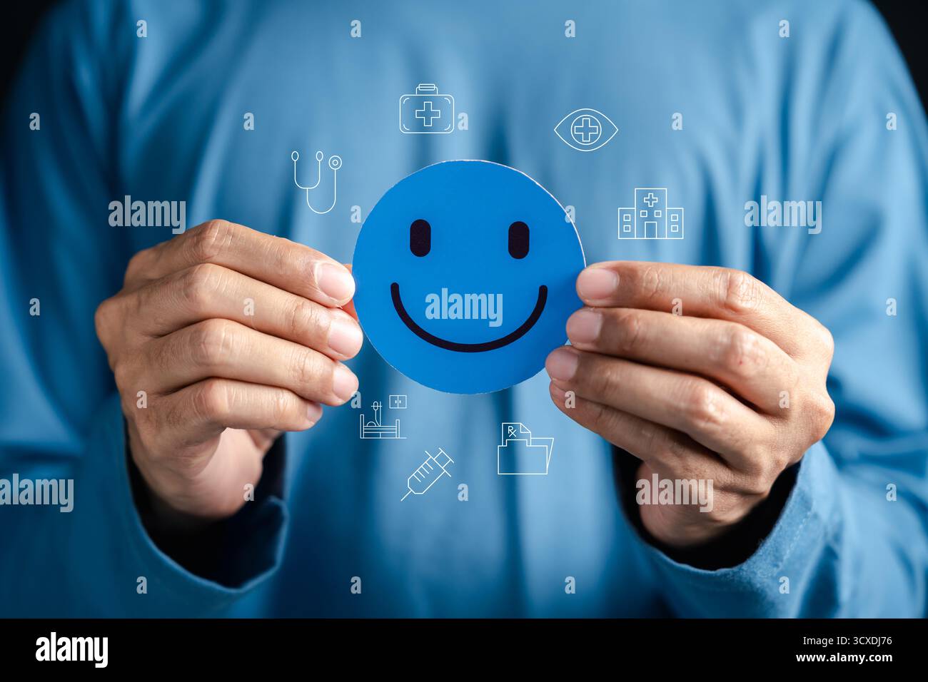 Recovery and healing with blue smile face by healthcare symbols, mental ...