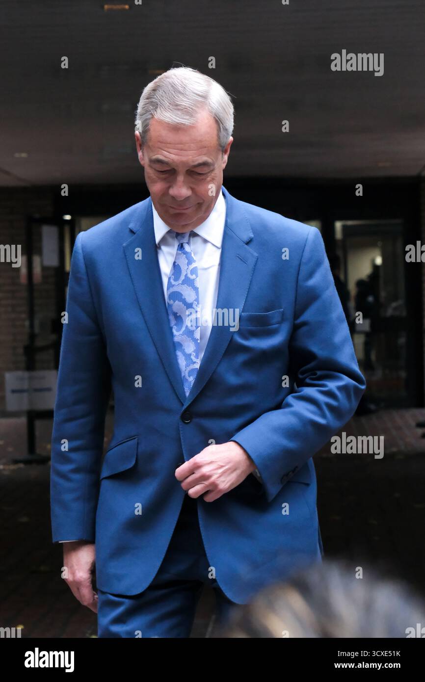 Southwark Crown Court, London, UK. 14th Oct 2025. Nigel Farage outside ...