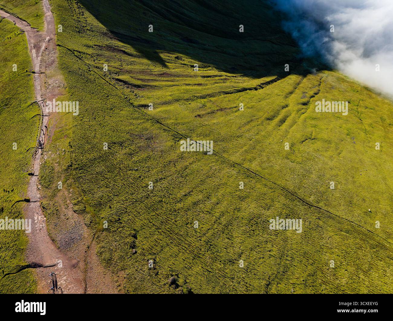 Dramatic shadow and cloud over a vibrant green mountain slope with a ...