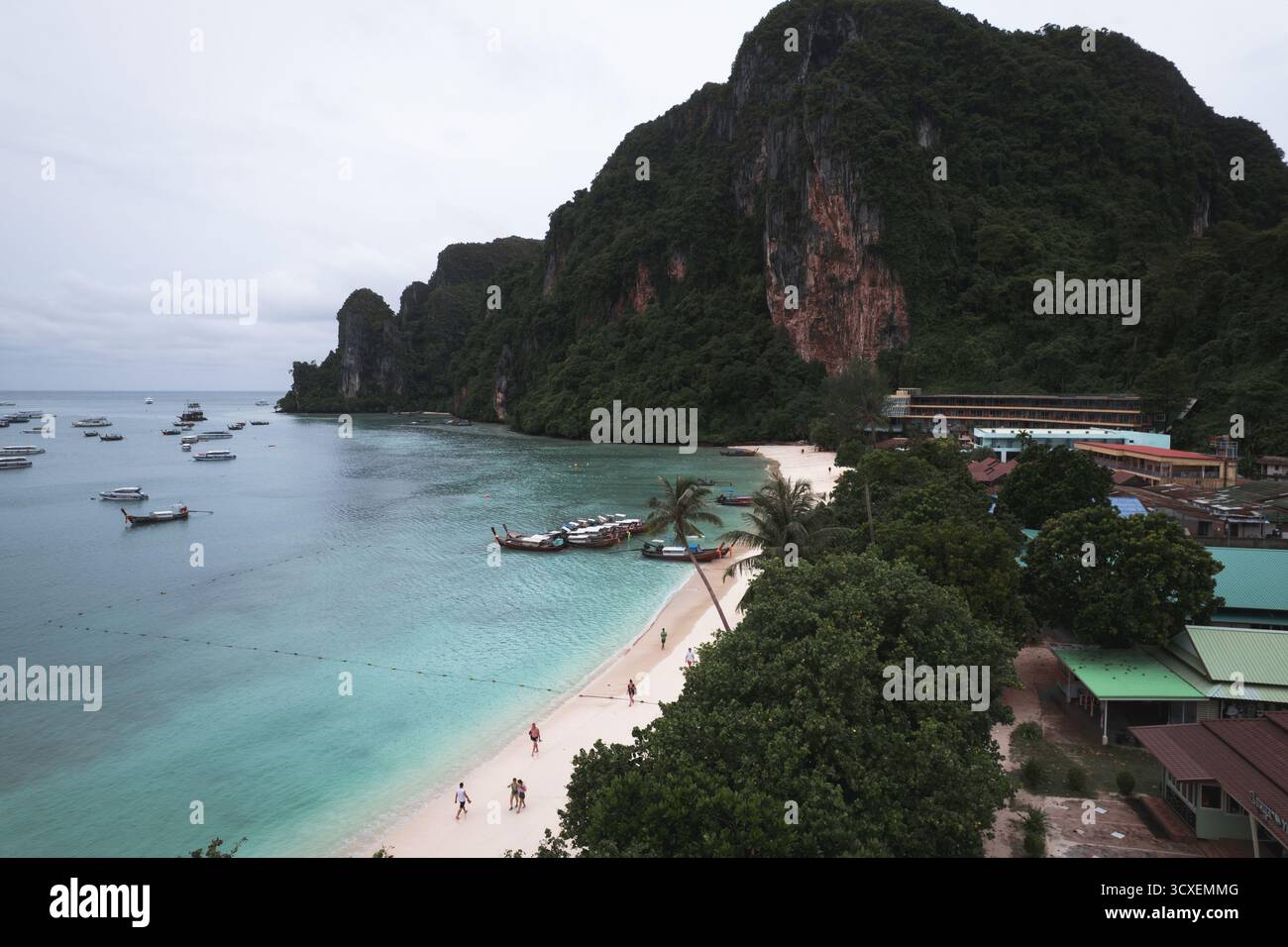 Aerial view of Tonsai Bay on Koh Phi Phi Don, showing the main pier ...