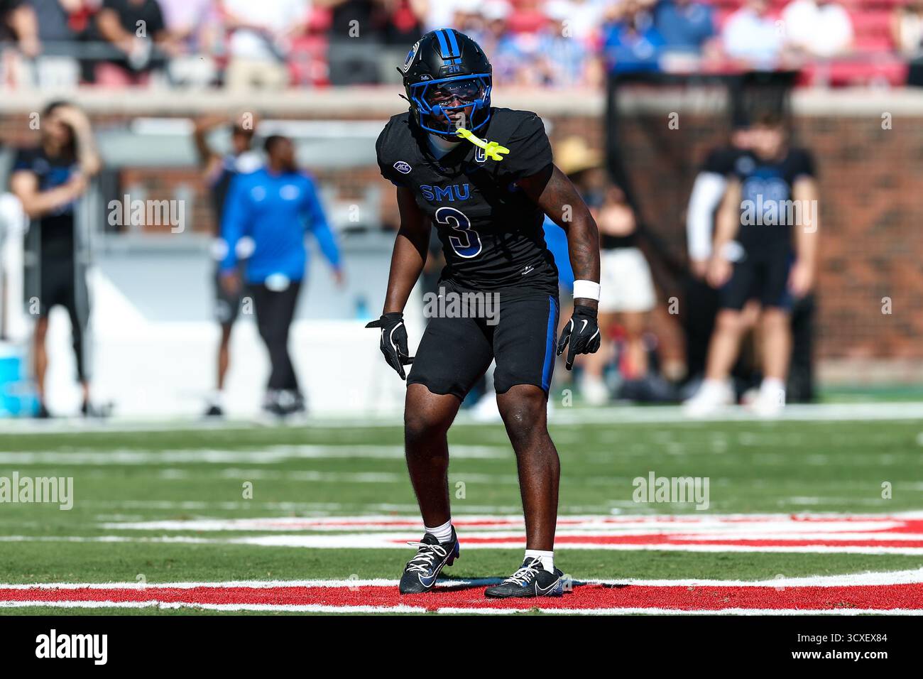 DALLAS, TX - October 11: SMU Mustangs safety Ahmaad Moses (#3) looks up ...