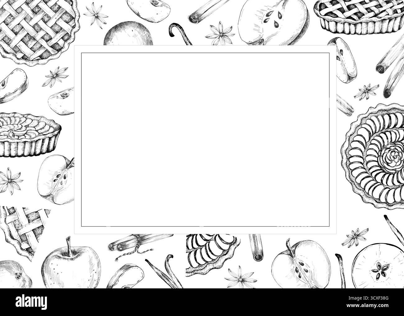 Rectangle postcard or invitation of apple pies, apples and slices ...