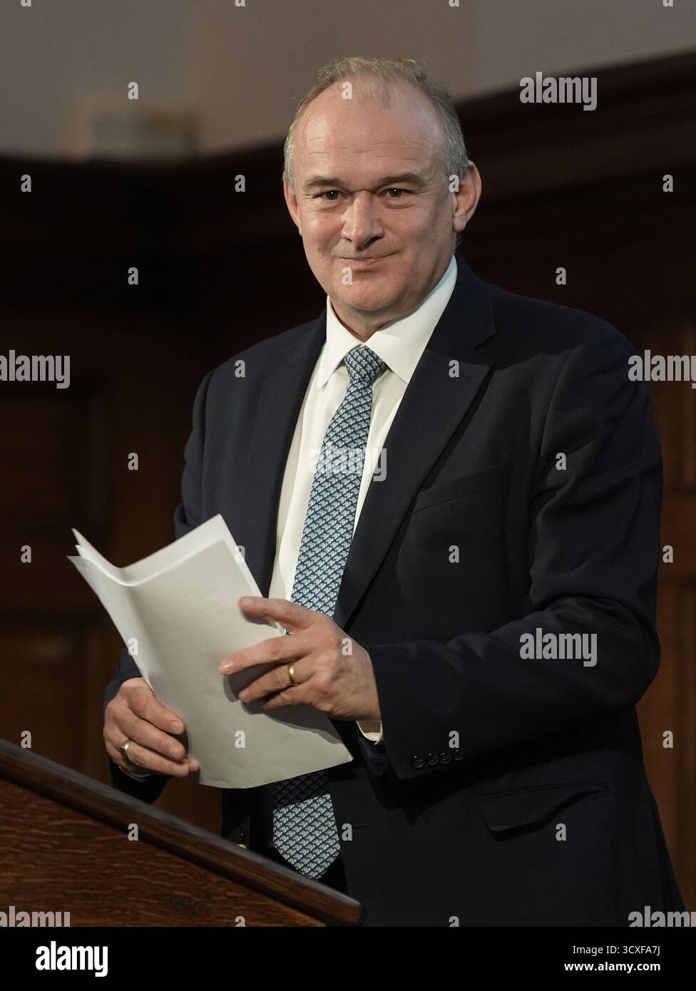 Liberal Democrat Party leader Sir Ed Davey delivers a speech at the ...