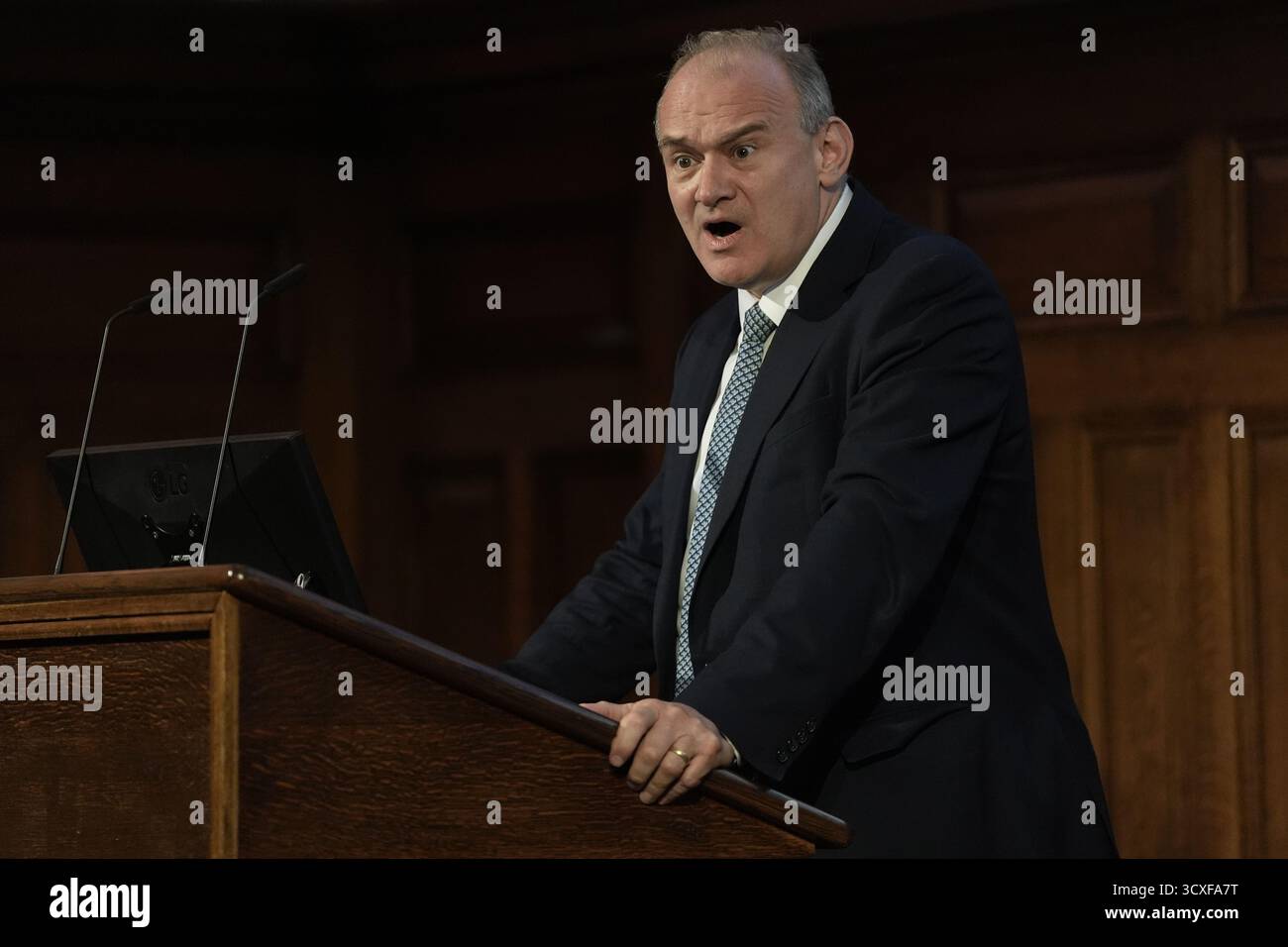 Liberal Democrat Party leader Sir Ed Davey delivers a speech at the ...