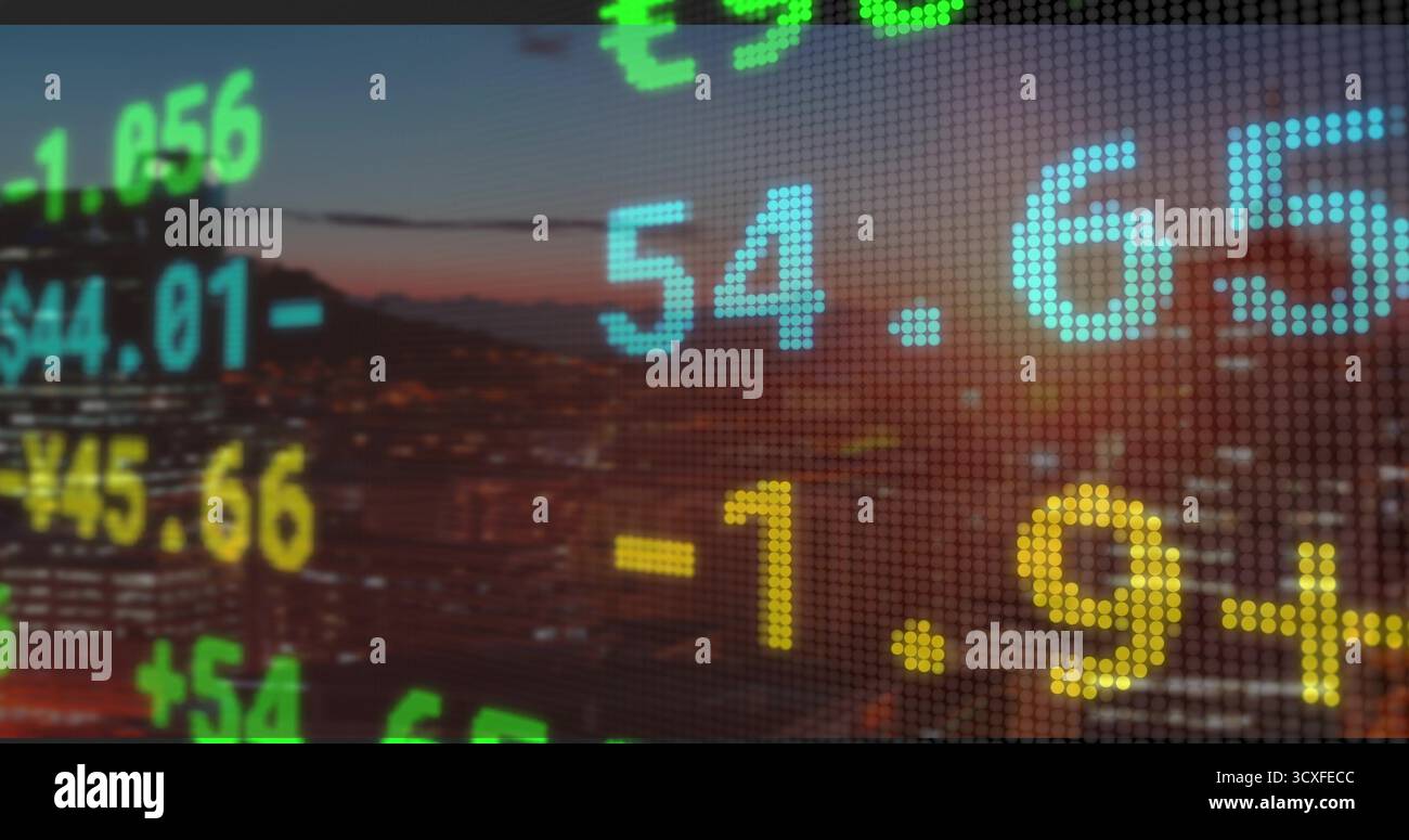 Displaying digital ticker overlaying skyline at dusk, with pixelated ...