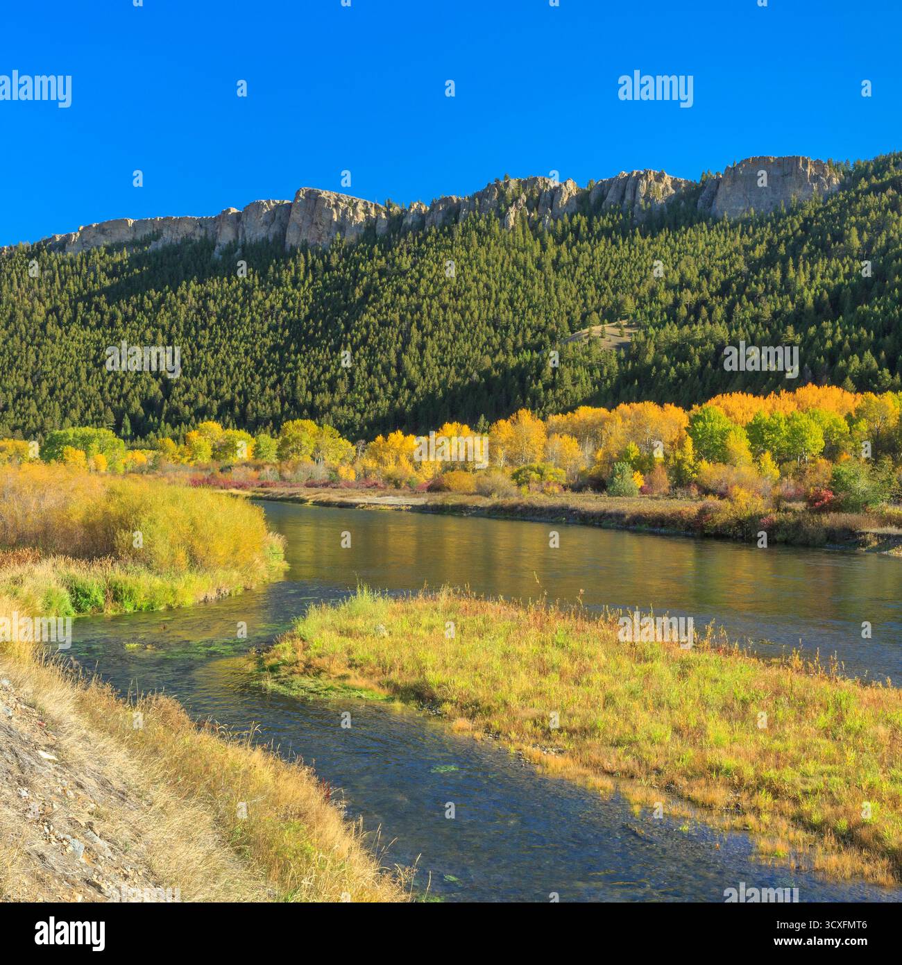 high cliffs above the clark fork river in autumn near drummond, montana ...
