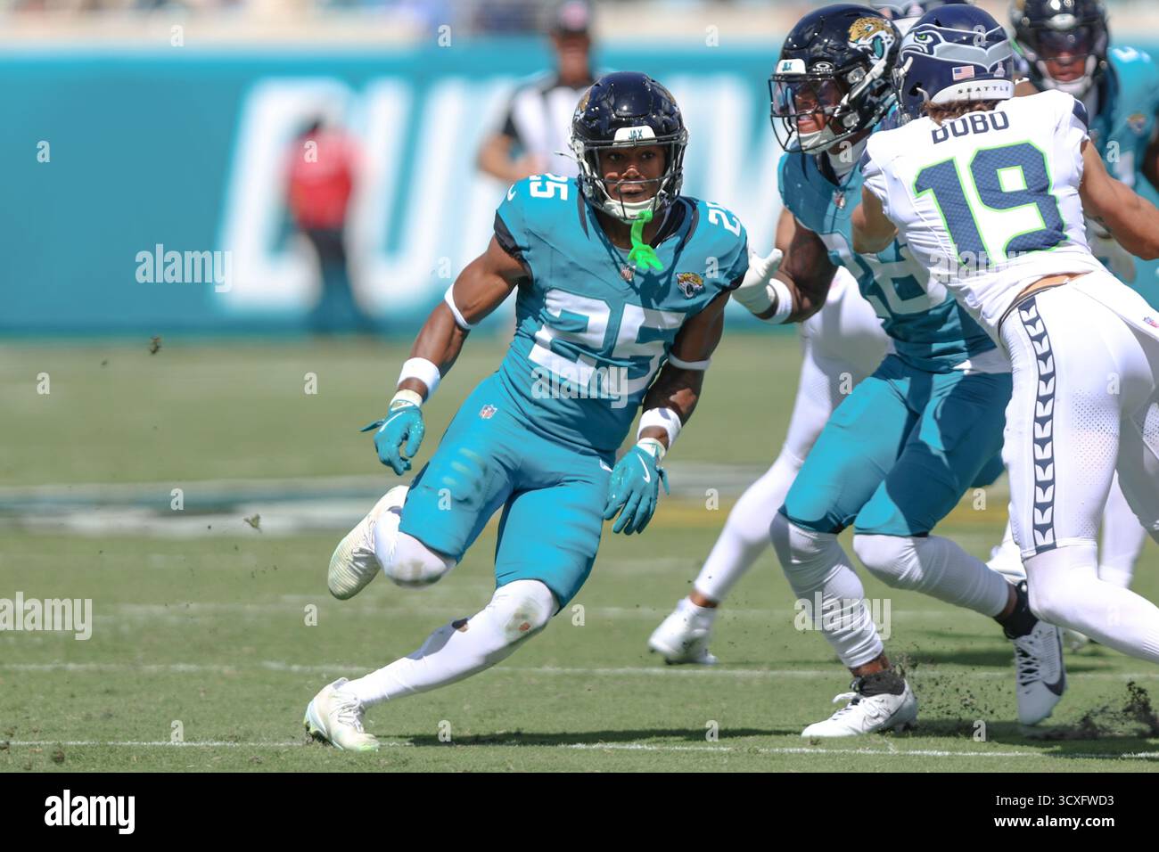 Jacksonville Jaguars safety Rayuan Lane III (25) rushes during an NFL ...