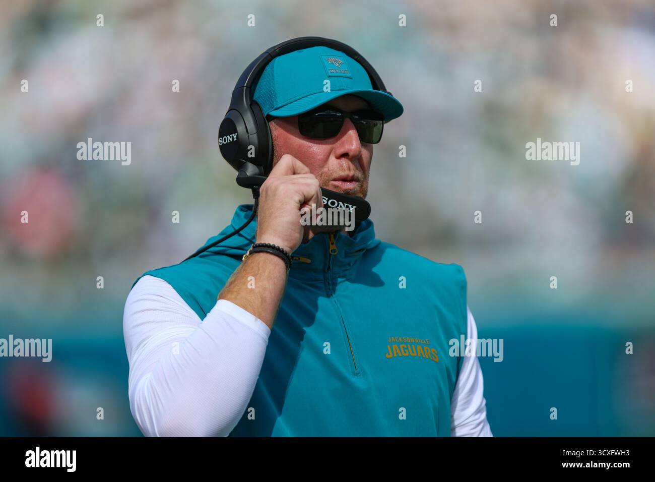 Jacksonville Jaguars head coach Liam Coen walks the sideline during an ...