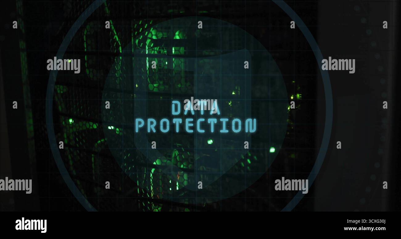 Translucent overlay displaying DATA PROTECTION over rack in data center ...