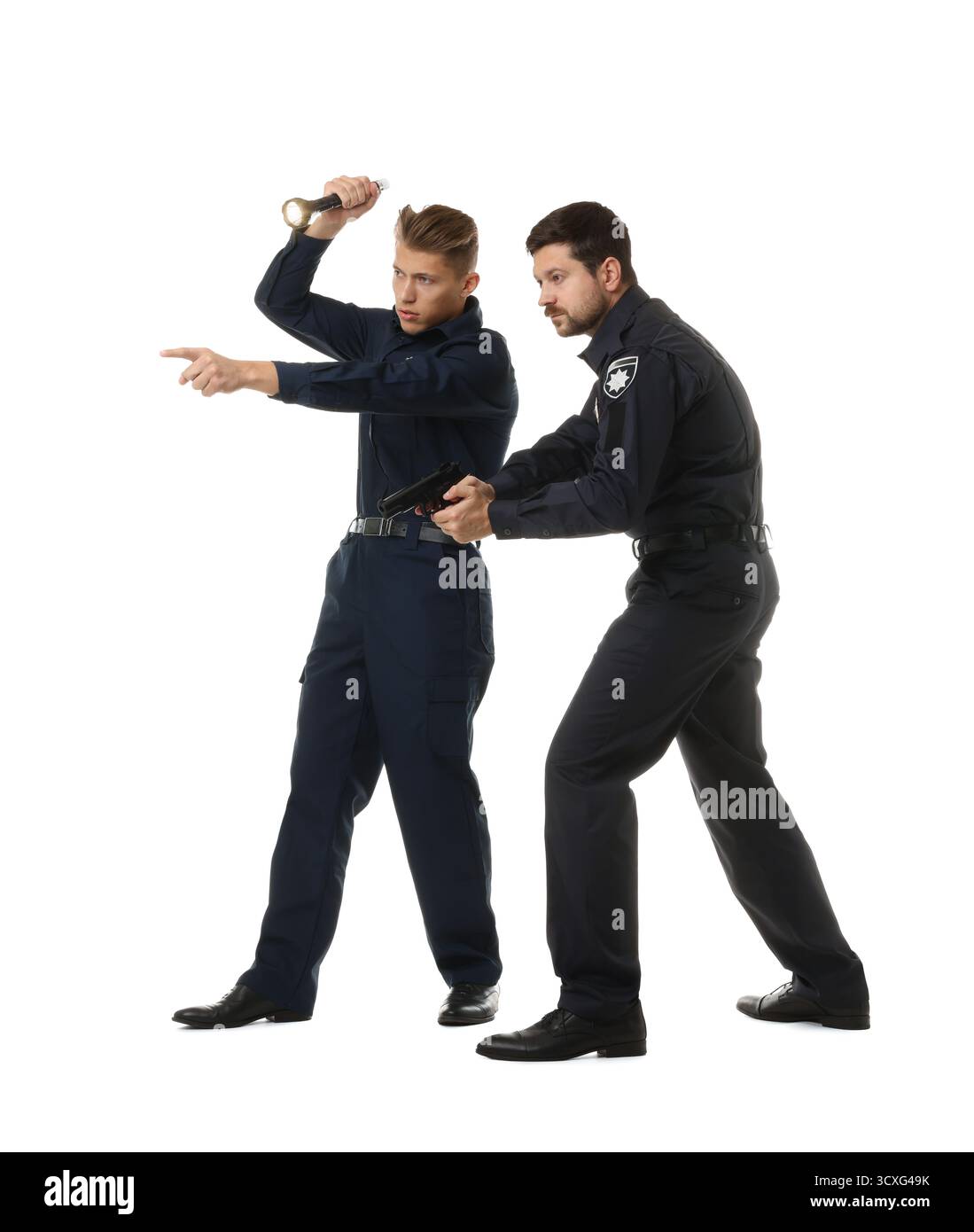 Policemen in uniform with gun and flashlight on white background Stock ...
