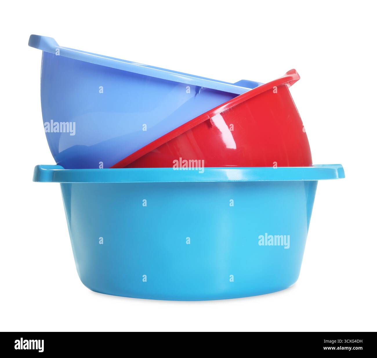 Three colorful plastic basins isolated on white Stock Photo - Alamy