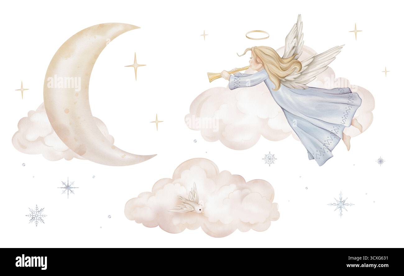 Christmas composition with angel trumpets nimbus among the clouds moon ...