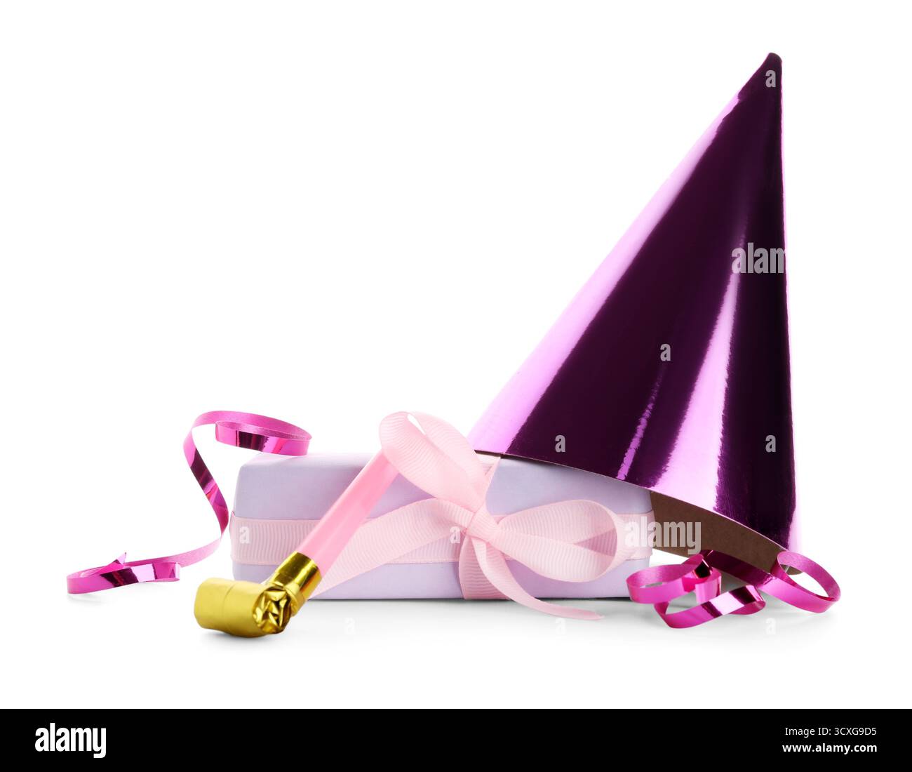 Purple party cone hat with serpentine, gift box and whistle on white ...