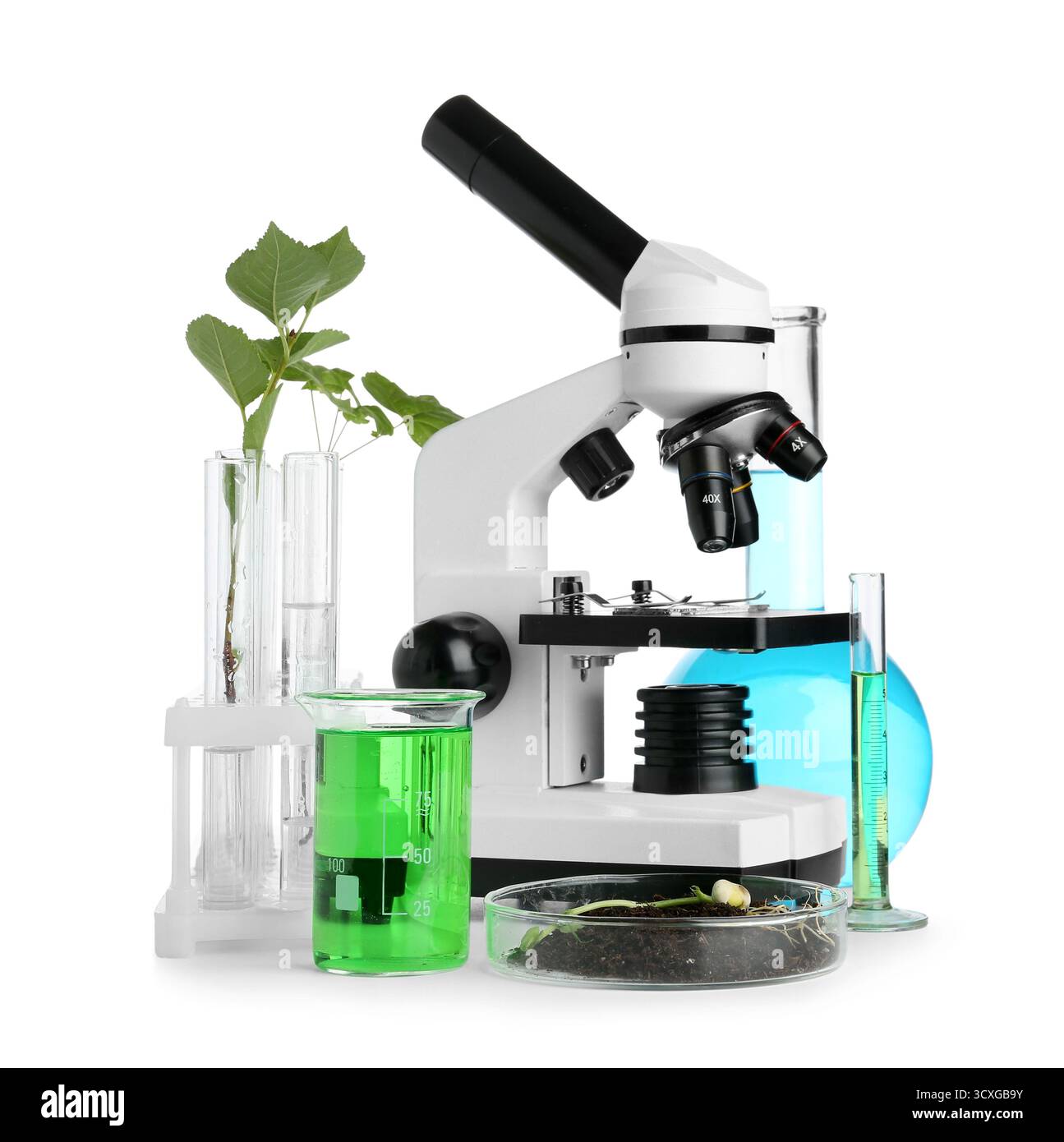Modern microscope with flasks of samples, sprouts and soil isolated on ...