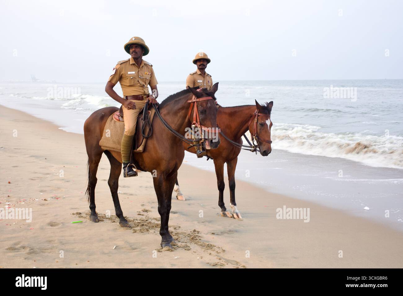 Mounted police officers patrol Marina Beach in Chennai, Tamil Nadu ...