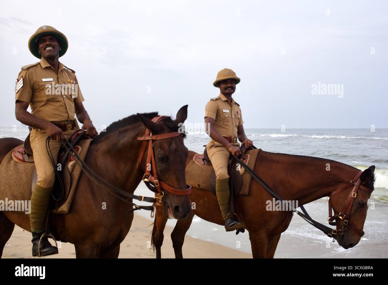 Mounted police officers patrol Marina Beach in Chennai, Tamil Nadu ...