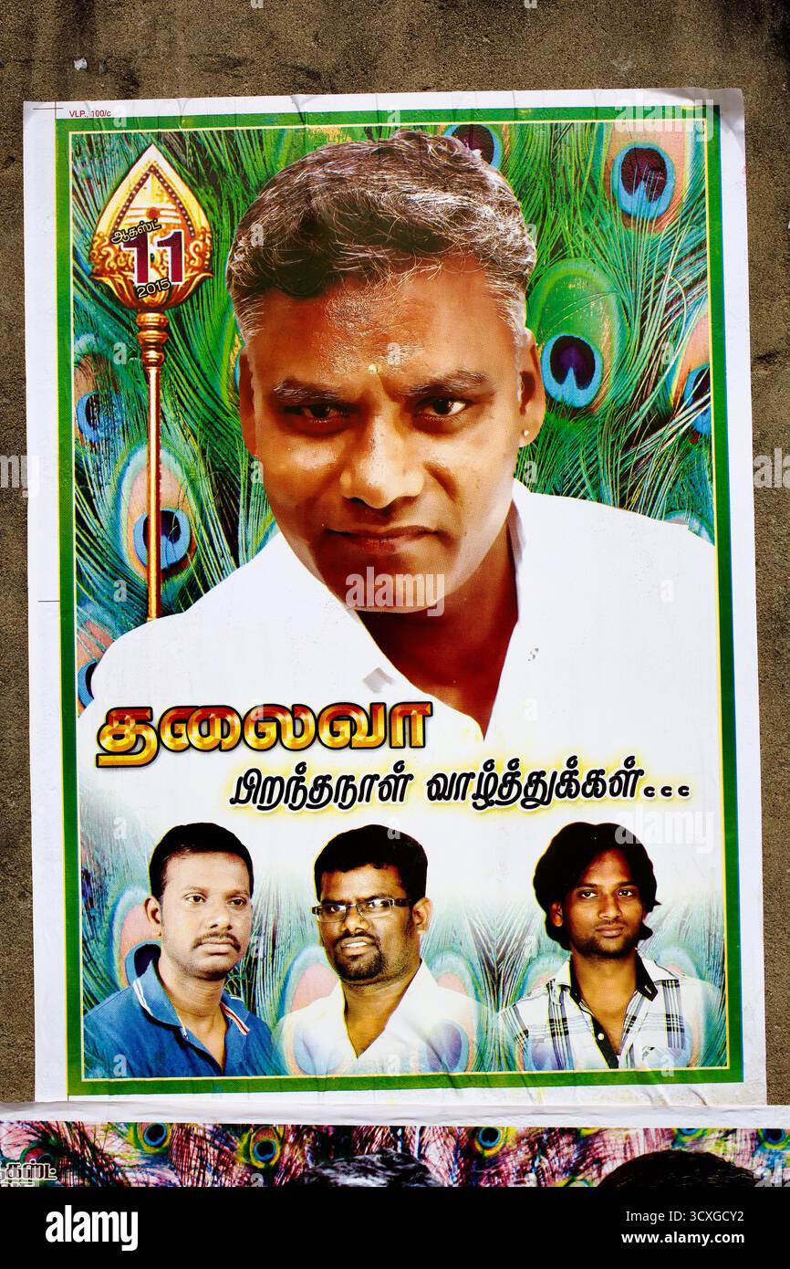 Birthday poster in Tamil language featuring local men and Murugan spear ...